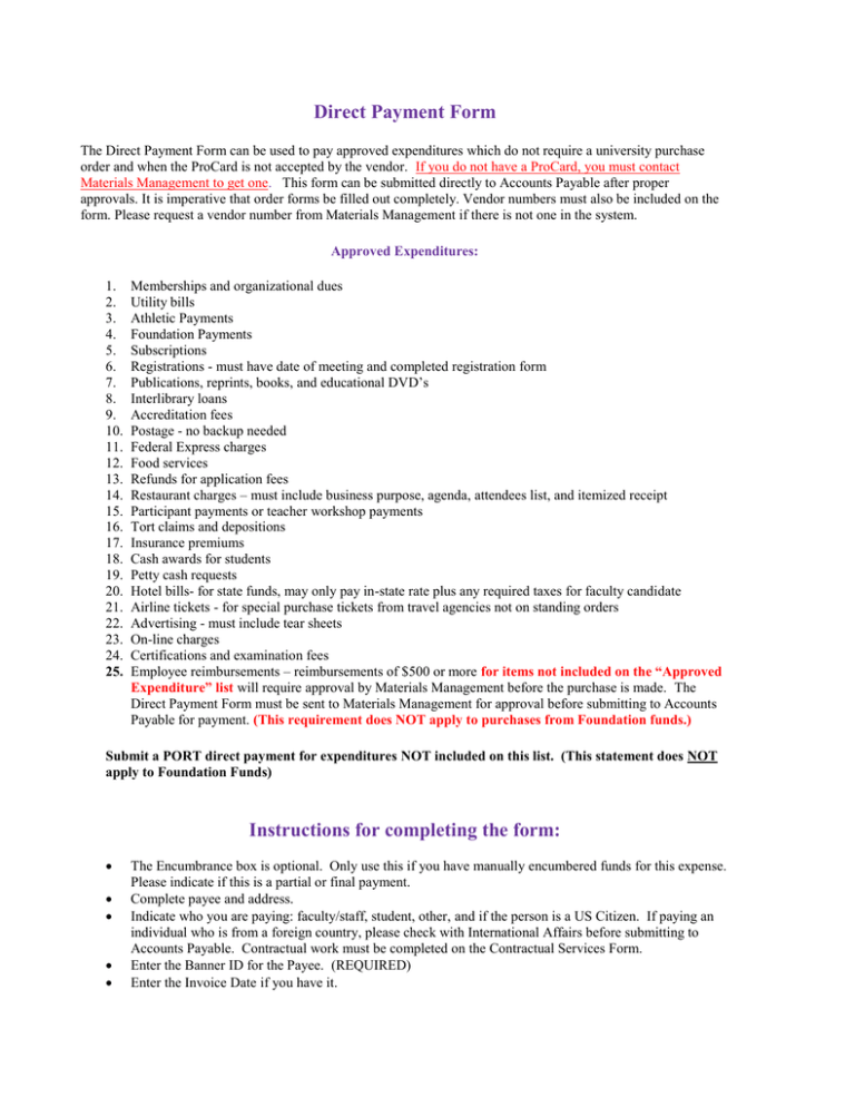 Banner Direct Payment Form Instructions