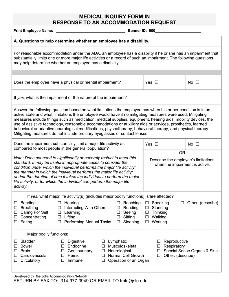 Medical Inquiry Form In Response To Accommodation Re