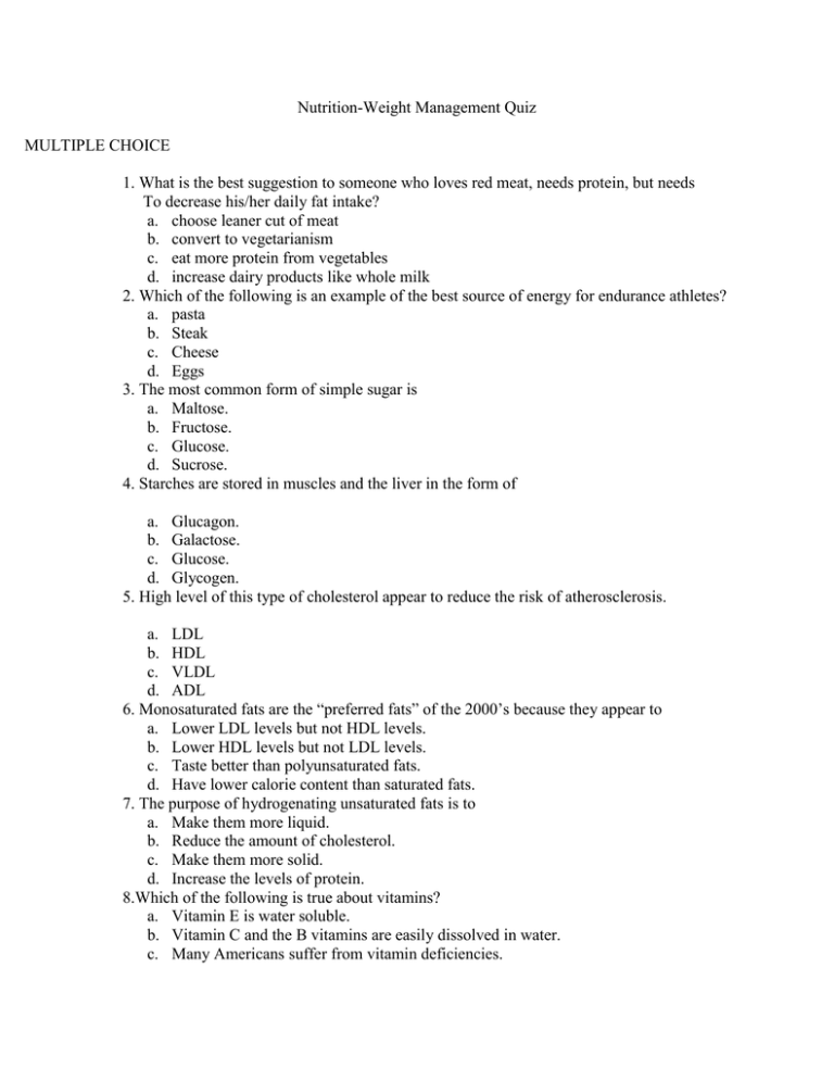 Nutrition & Weight Management Quiz - Multiple Choice Questions