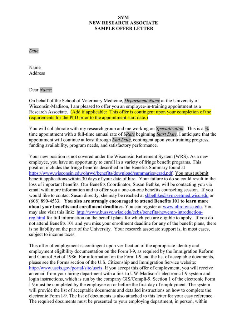 New Research Associate Offer Letter