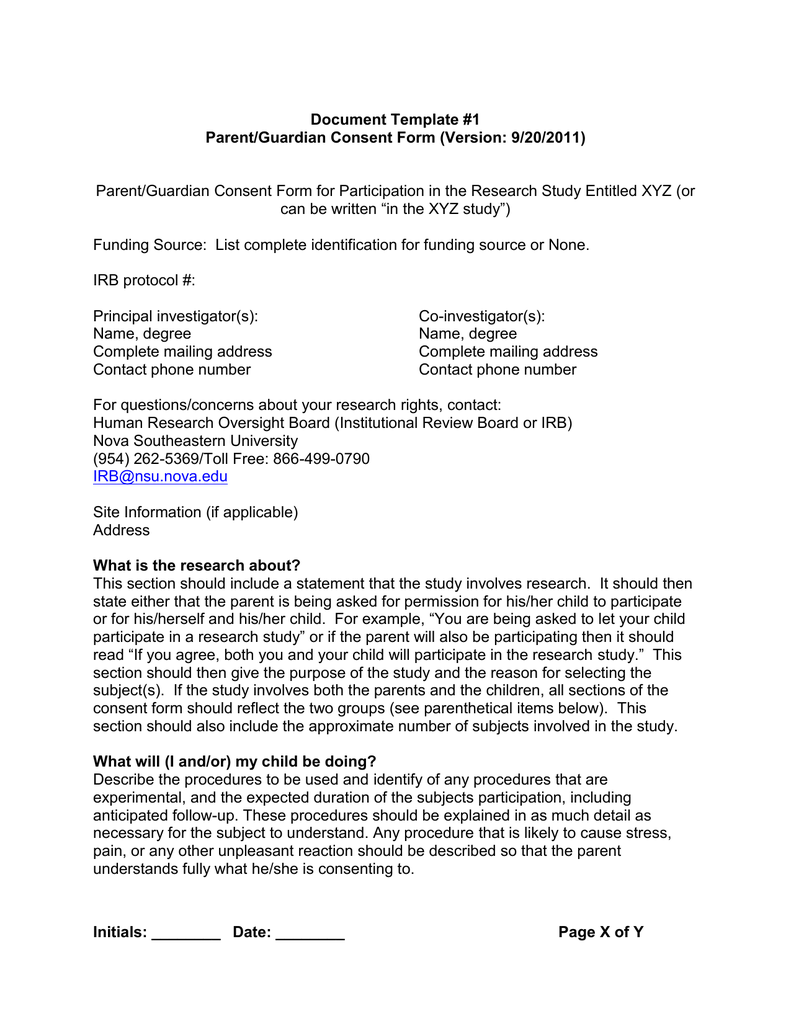 Document Template For Parent Or Guardian Consent Form