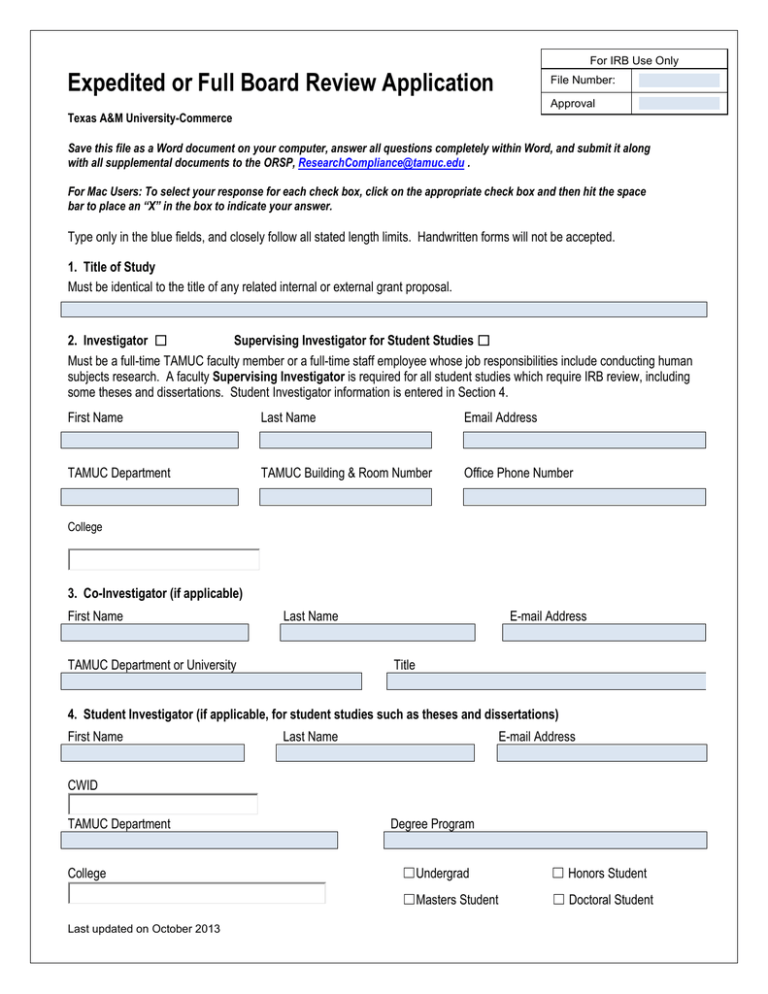 Protocol Form - Expedited or Full Board Review