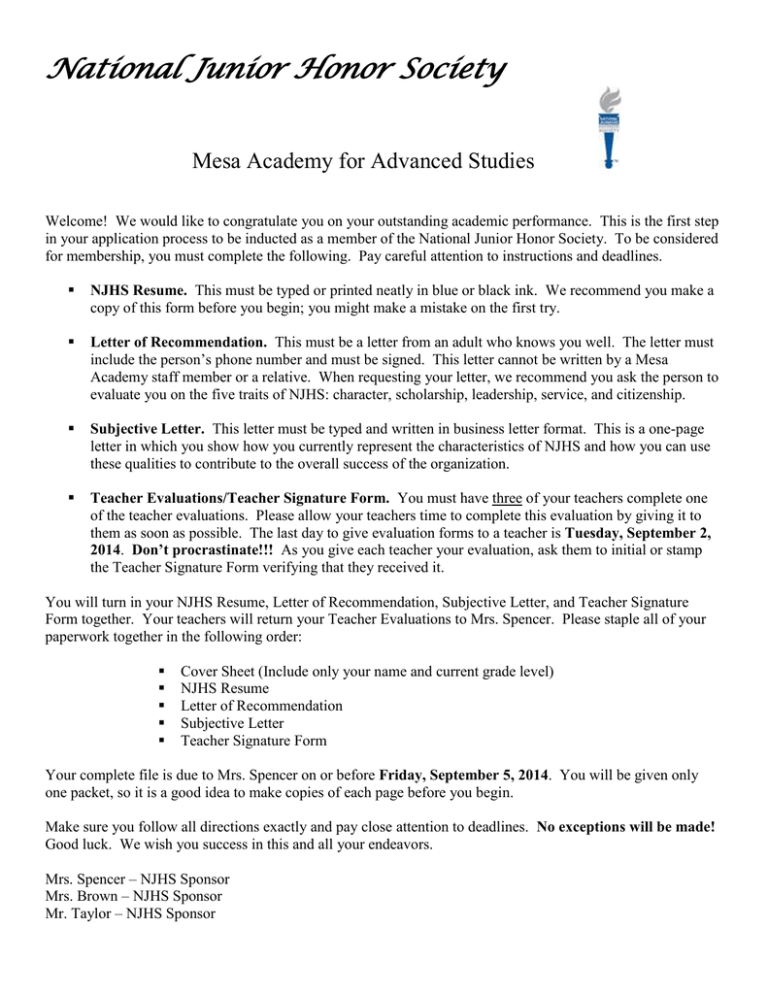 National Junior Honor Society Mesa Academy For Advanced Studies