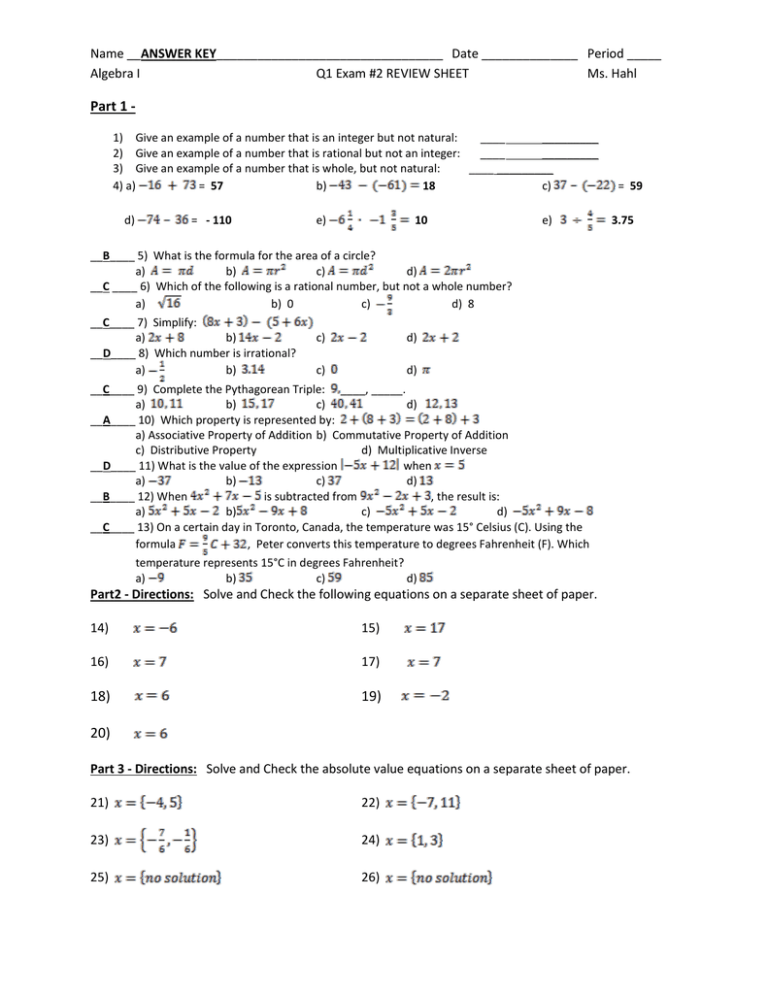 Part 1 ANSWER KEY Algebra I Part 1 ANSWER KEY Algebra I