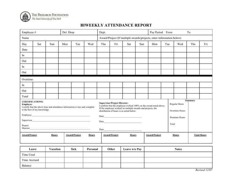 BIWEEKLY ATTENDANCE REPORT BIWEEKLY ATTENDANCE REPORT