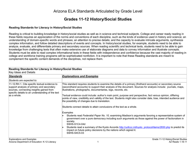 Arizona ELA Standards Articulated By Grade Level Grades 11 12 History Arizona ELA Standards Articulated By Grade Level Grades 11 12 History