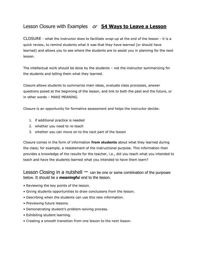 Or Lesson Closure With Examples 54 Ways To Leave A Lesson CLOSURE
