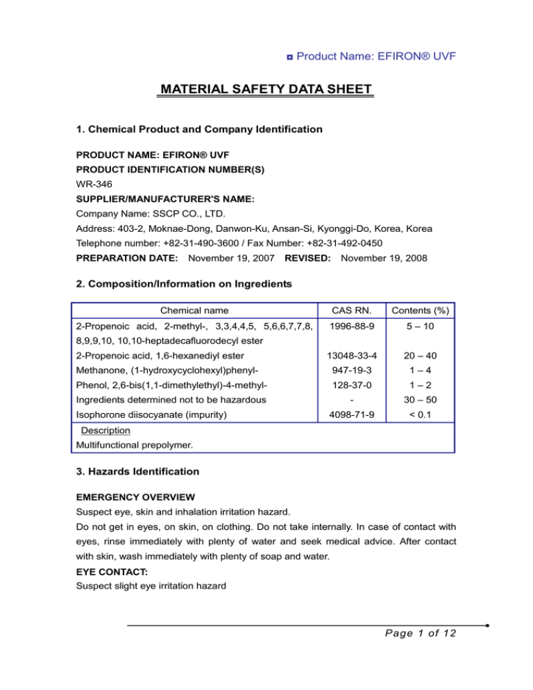 MATERIAL SAFETY DATA SHEET 1 Chemical Product And Company Identification