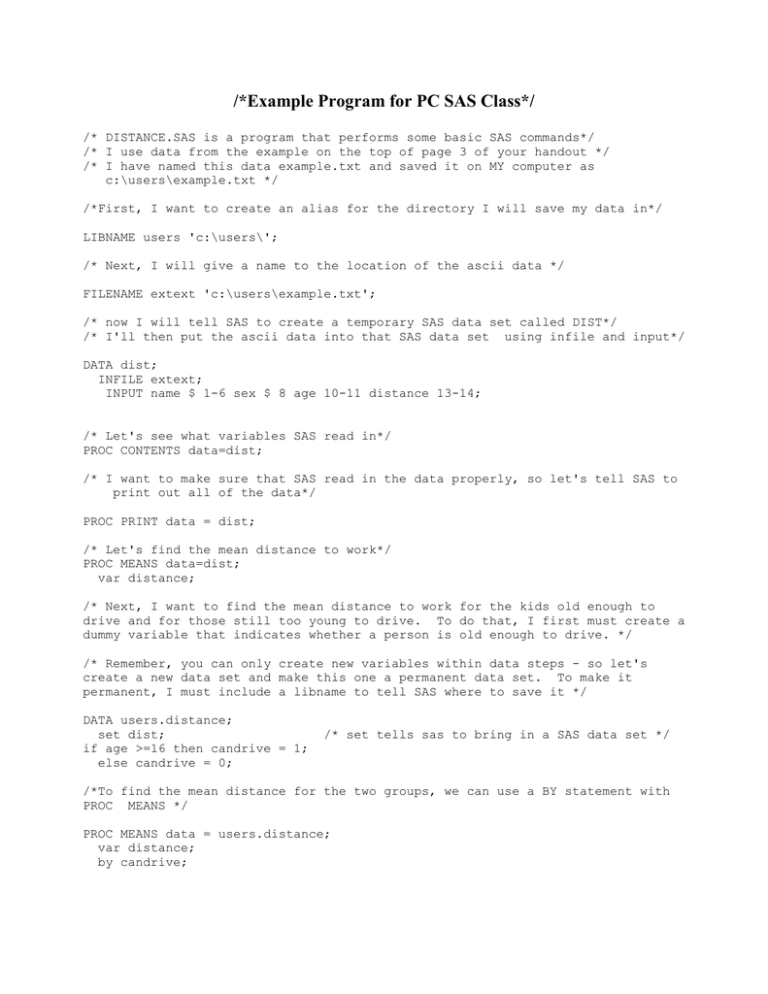  Example Program For PC SAS Class 