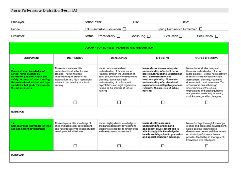 Nurse Performance Evaluation Form 1A 