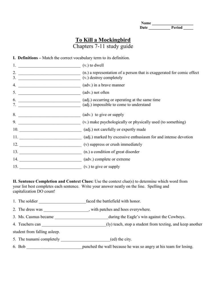 To Kill A Mockingbird Chapters 7 11 Study Guide