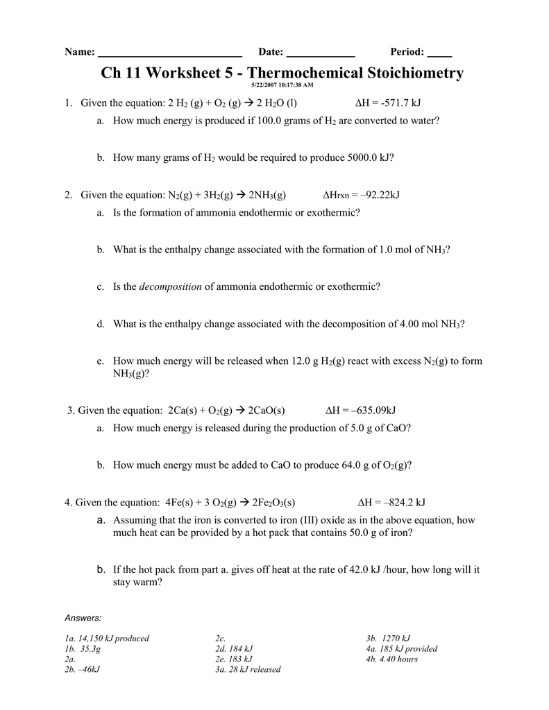 Ch 11 Worksheet 5 Thermochemical Stoichiometry Ch 11 Worksheet 5 Thermochemical Stoichiometry