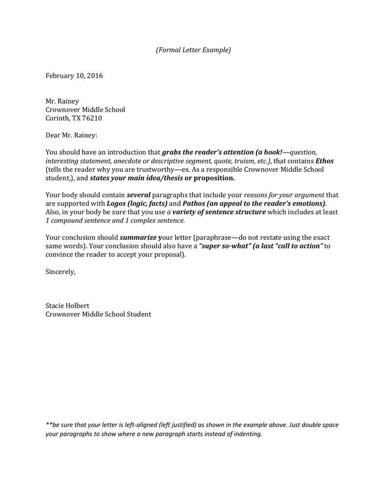 Formal Letter Example February 10 2016 Mr Rainey Formal Letter Example February 10 2016 Mr Rainey