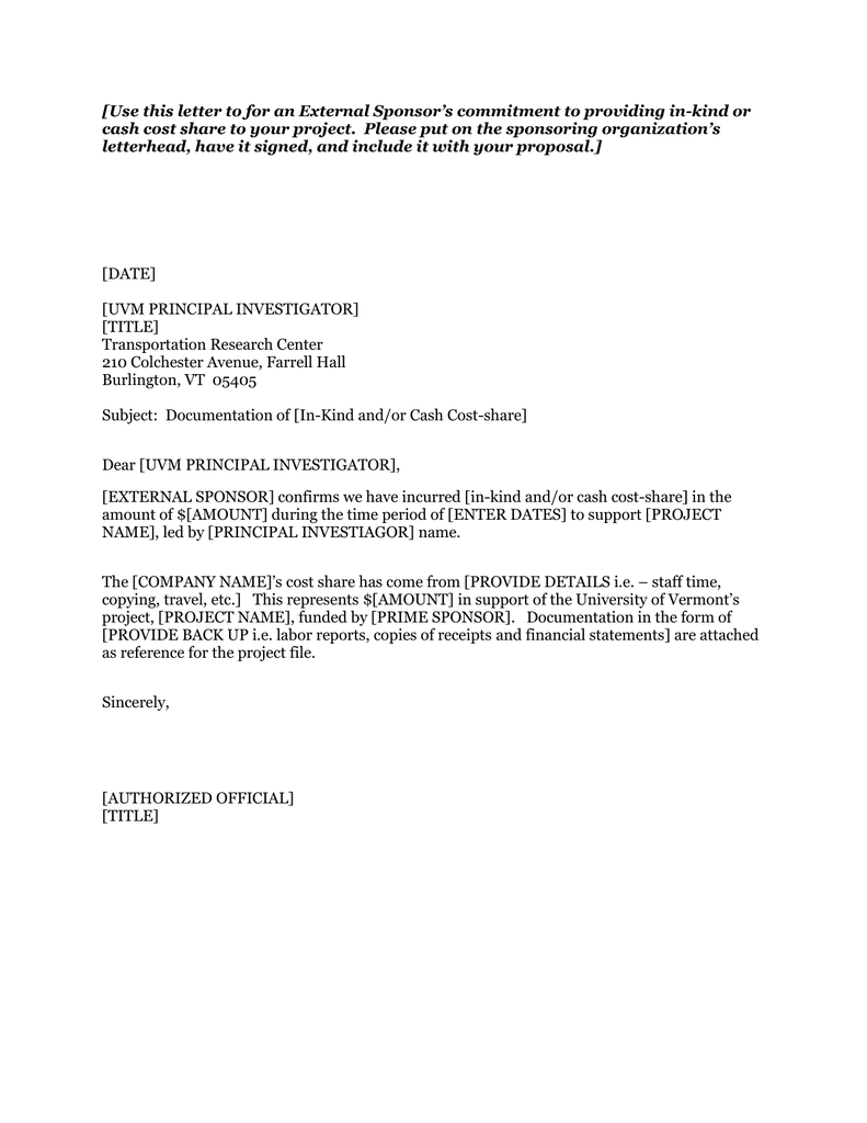  Use This Letter To For An External Sponsor s Commitment To Cash