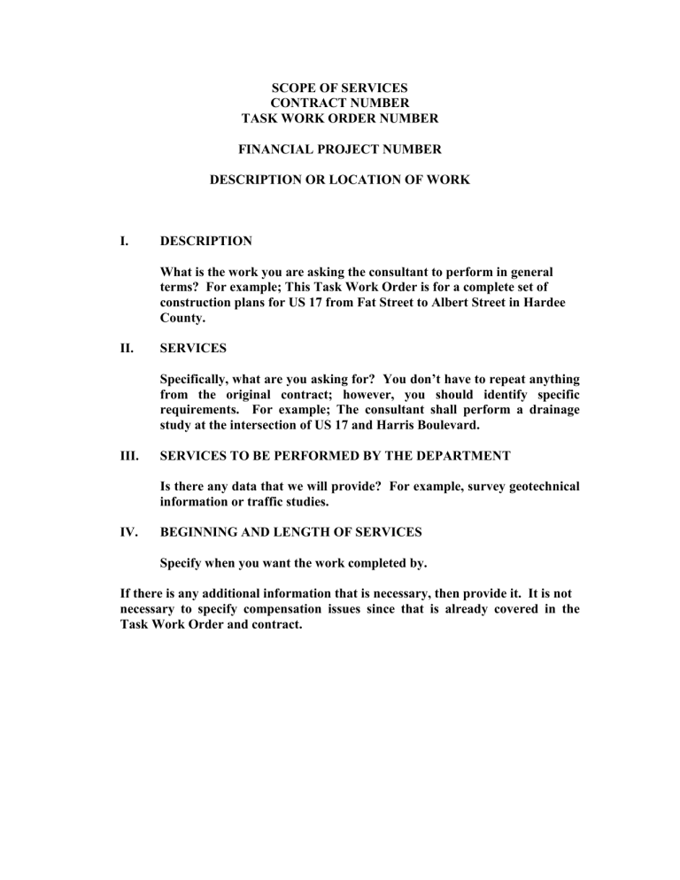 SCOPE OF SERVICES CONTRACT NUMBER TASK WORK ORDER NUMBER
