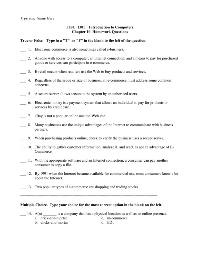 Type Your Name Here Chapter 10 Homework ions