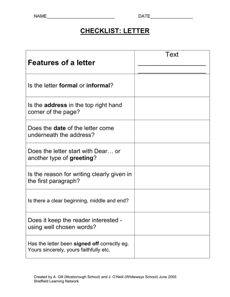Features Of A Letter CHECKLIST LETTER Text