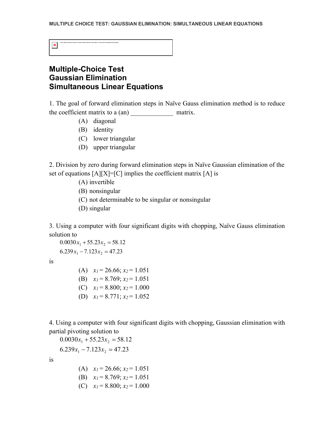 Multiple Choice Test Gaussian Elimination Simultaneous Linear Equations