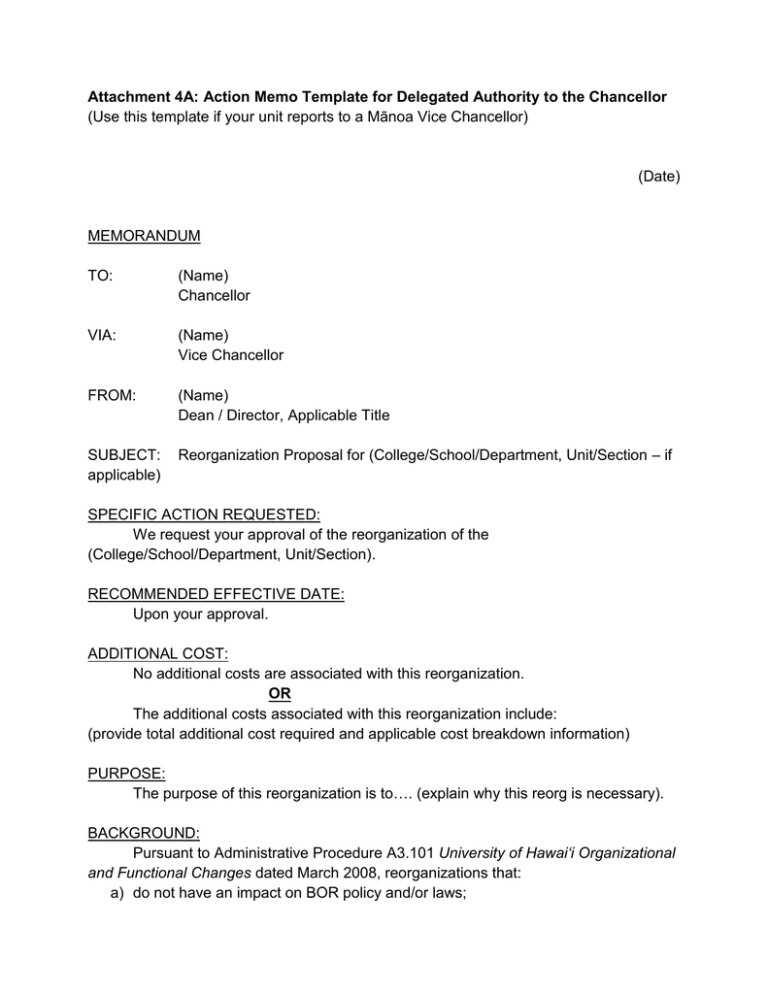 Attachment 4A Action Memo Template For Delegated Authority To The 