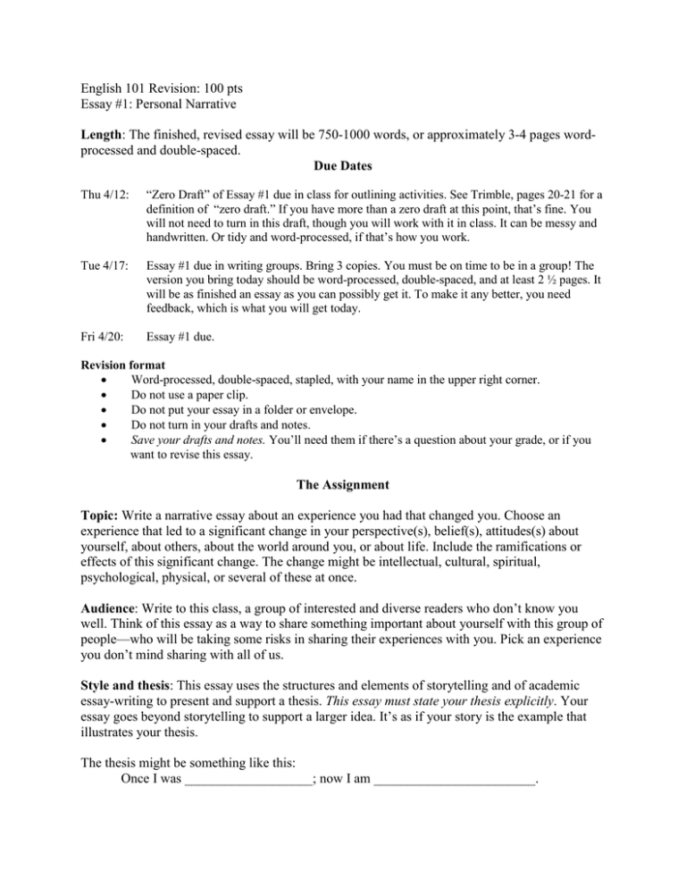 English 101 Revision 100 Pts Essay 1 Personal Narrative Length English 101 Revision 100 Pts Essay 1 Personal Narrative Length