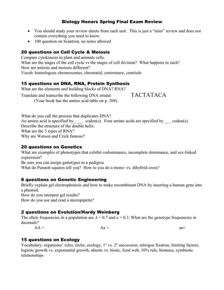 Biology Honors Spring Final Exam Review