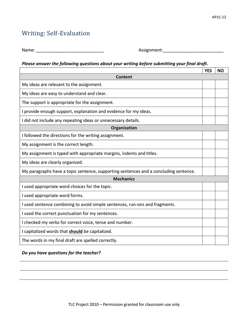 Writing Self Evaluation