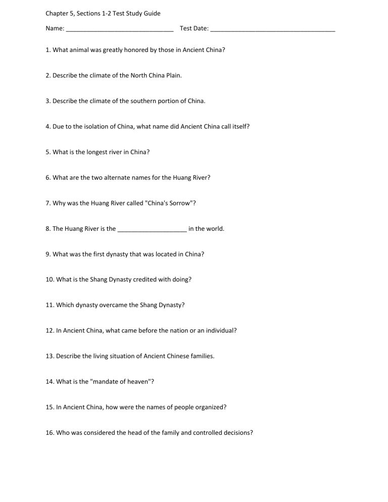Chapter 5 Sections 1 2 Test Study Guide