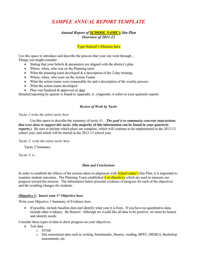 SAMPLE ANNUAL REPORT TEMPLATE Type School s Mission Here