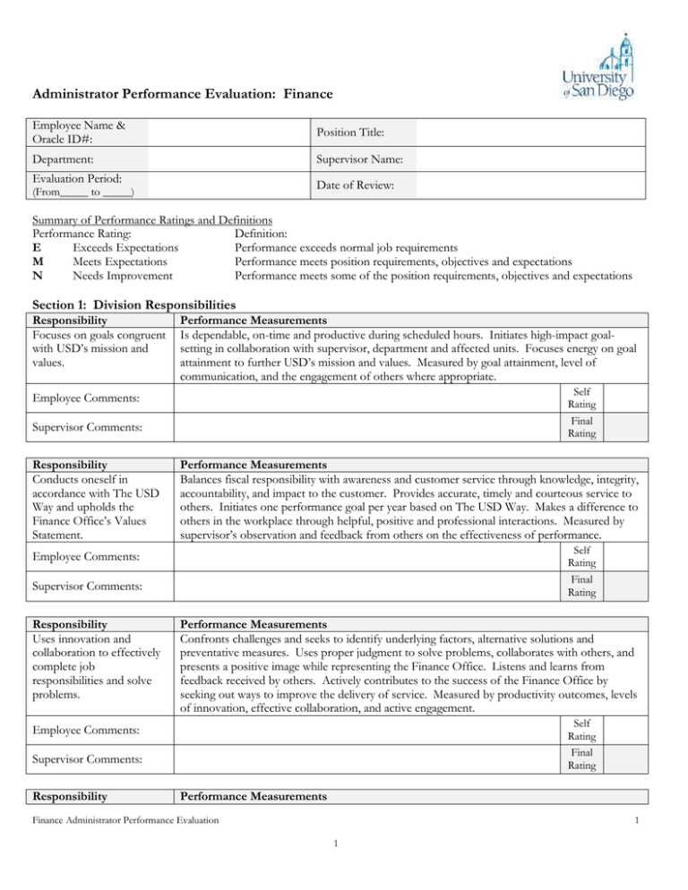 Administrator Performance Evaluation Finance