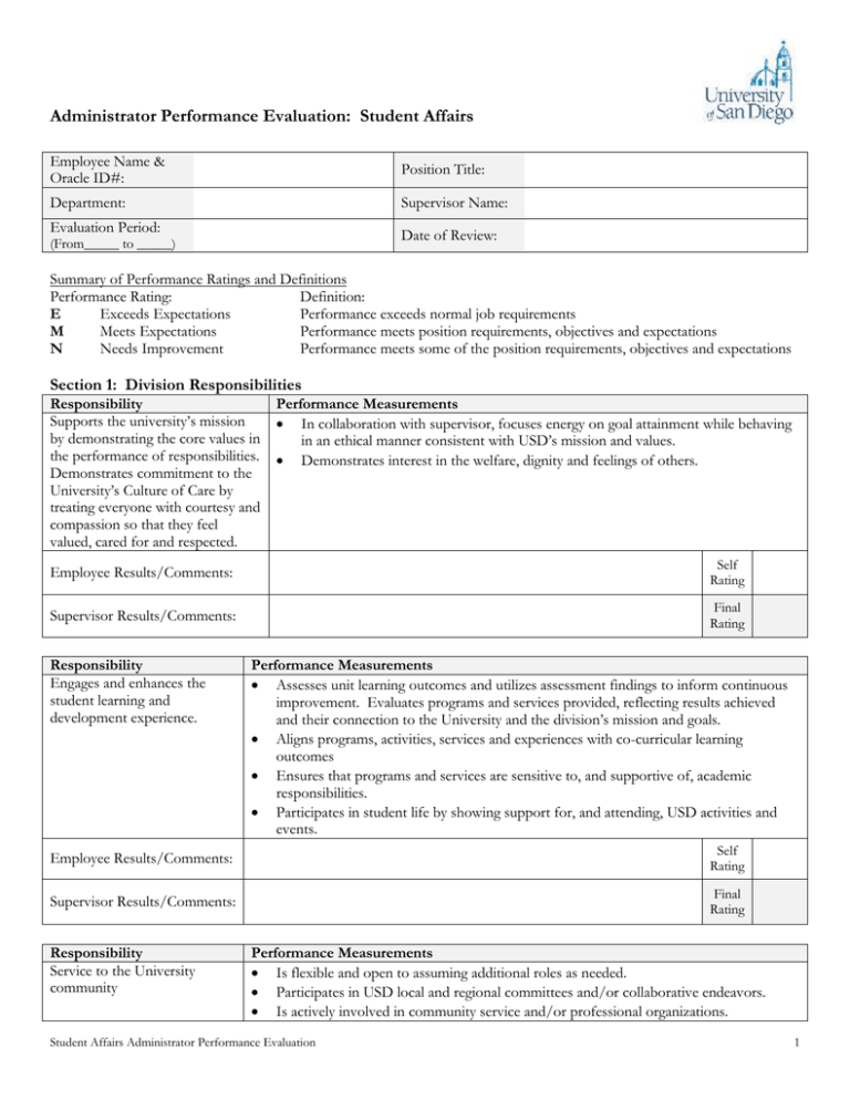 Administrator Performance Evaluation Student Affairs