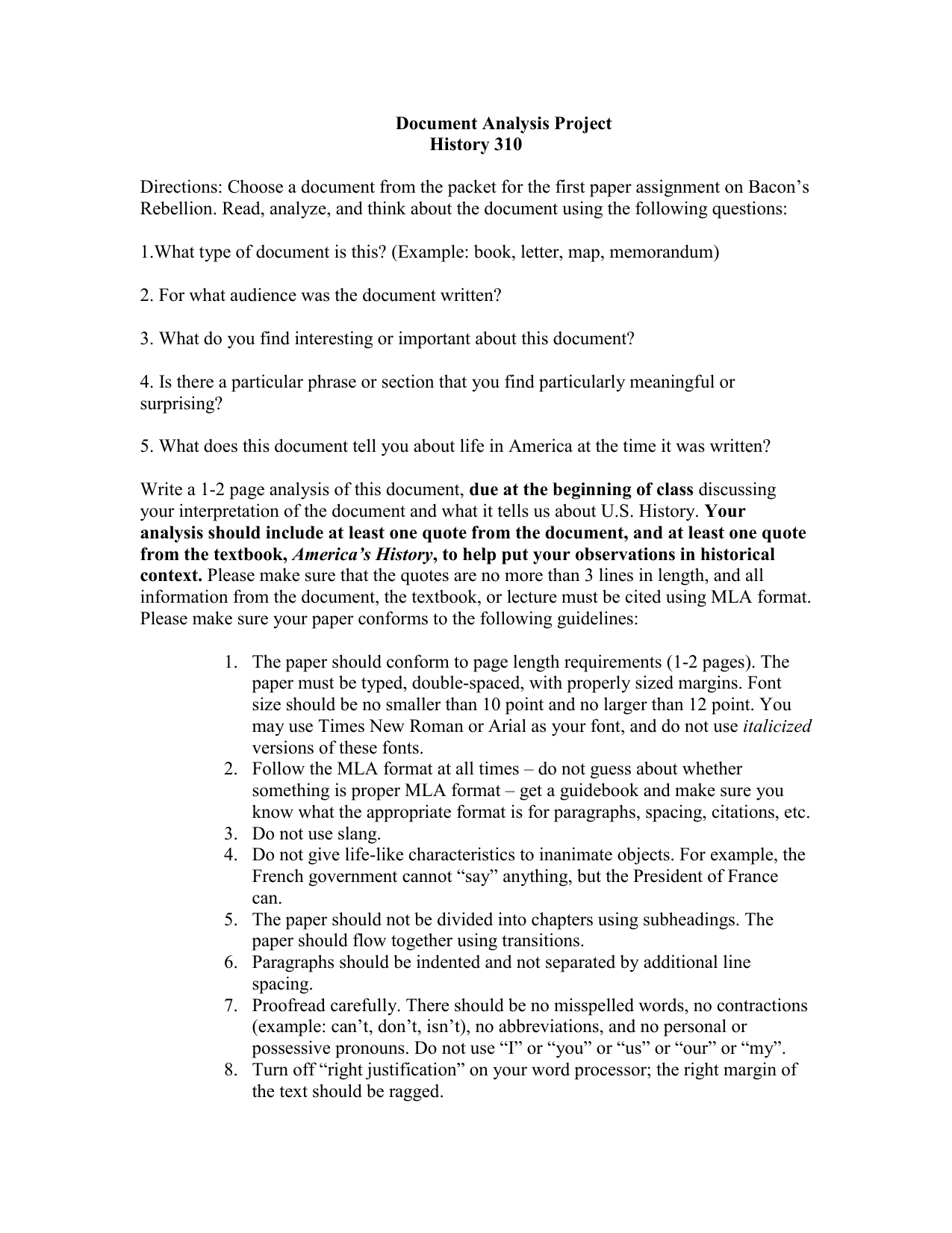 Document Analysis Project History 310