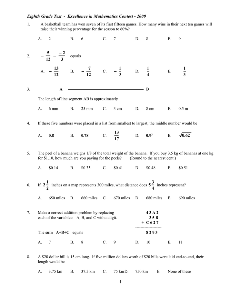 Eighth Grade Test Excellence In Mathematics Contest Eighth Grade Test Excellence In Mathematics Contest