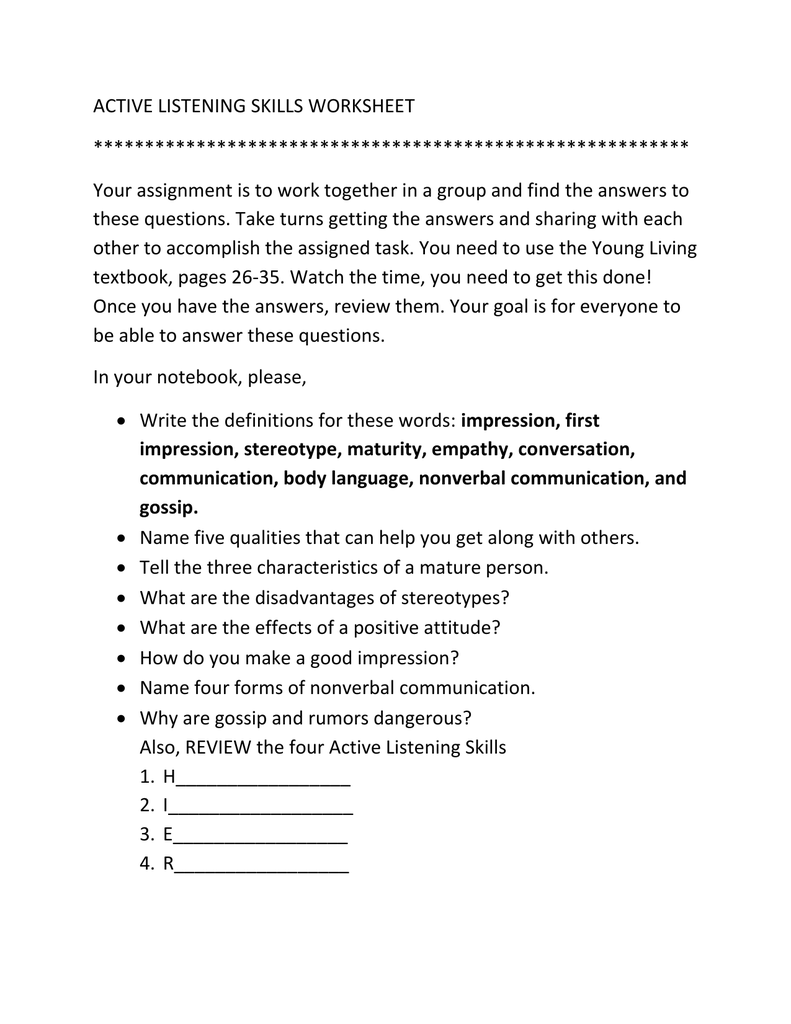 ACTIVE LISTENING SKILLS WORKSHEET