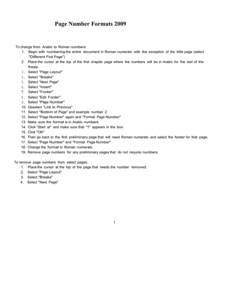 Page Number Formats 2009
