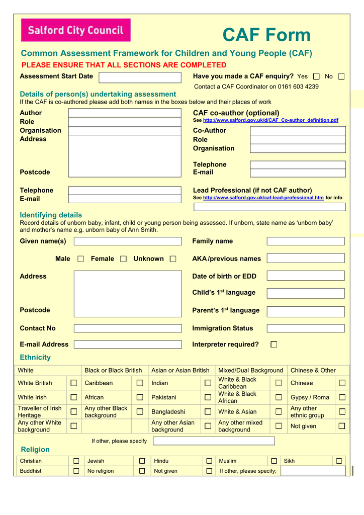 CAF Form Common Assessment Framework For Children And Young People CAF 