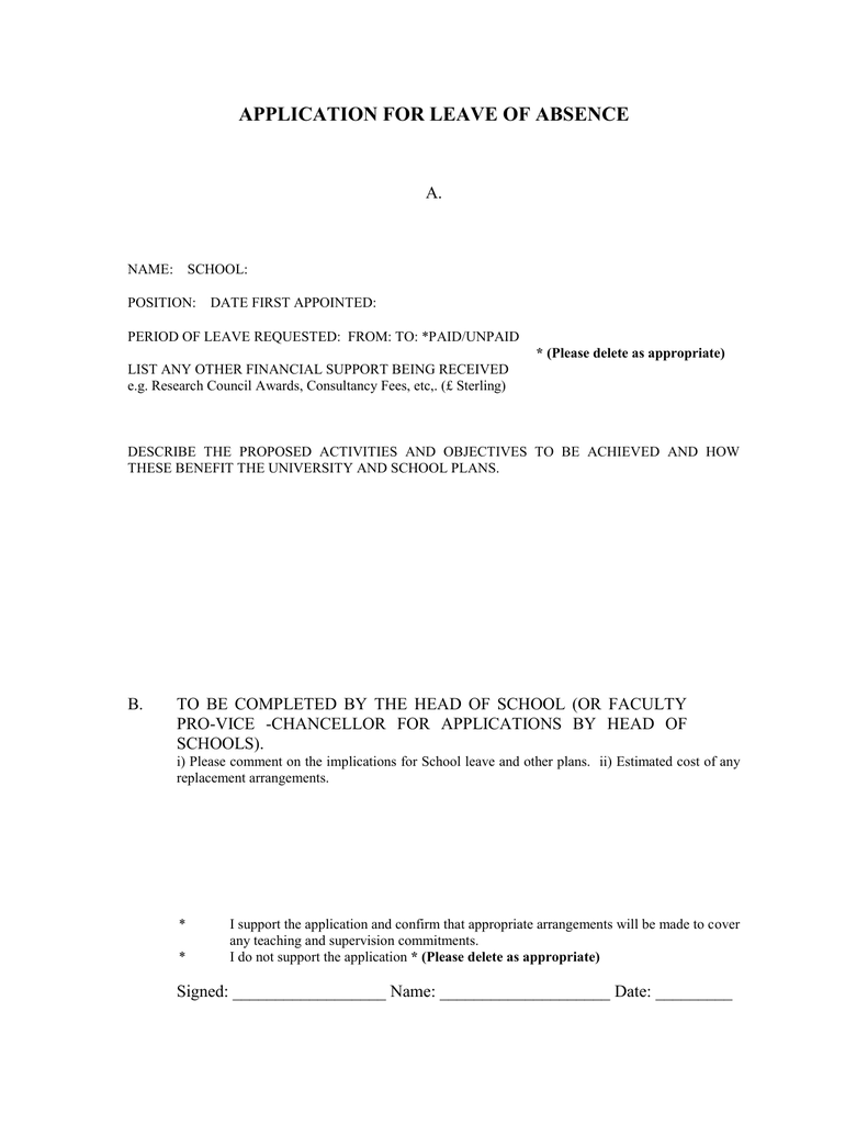 APPLICATION FOR LEAVE OF ABSENCE A 