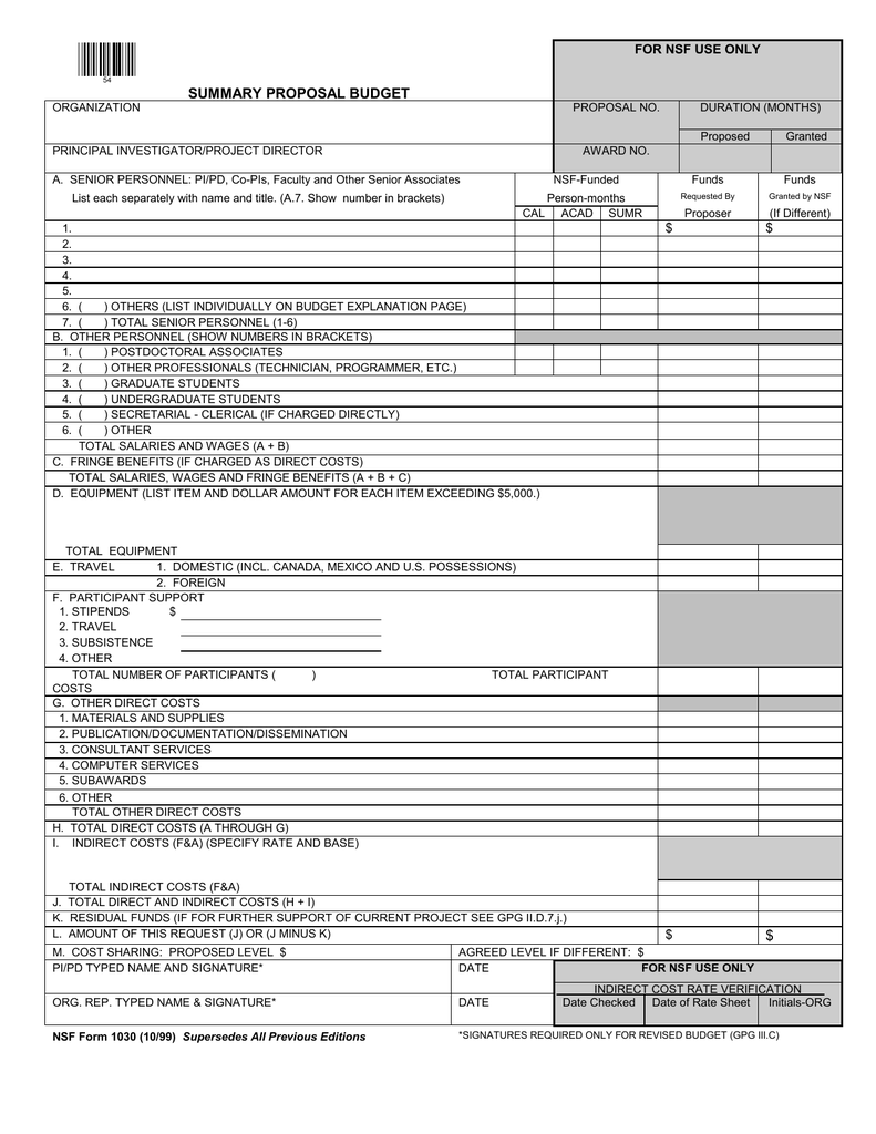 SUMMARY PROPOSAL BUDGET FOR NSF USE ONLY