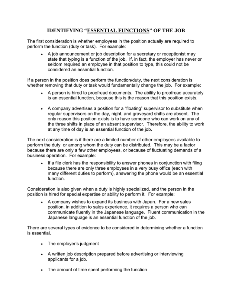 IDENTIFYING ESSENTIAL FUNCTIONS OF THE JOB