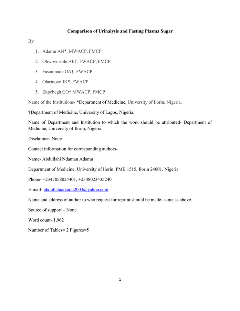 Comparison Of Urinalysis And Fasting Plasma Sugar By 1 Adamu AN