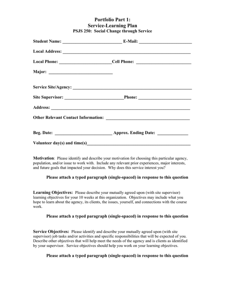 Portfolio Part 1 Service Learning Plan