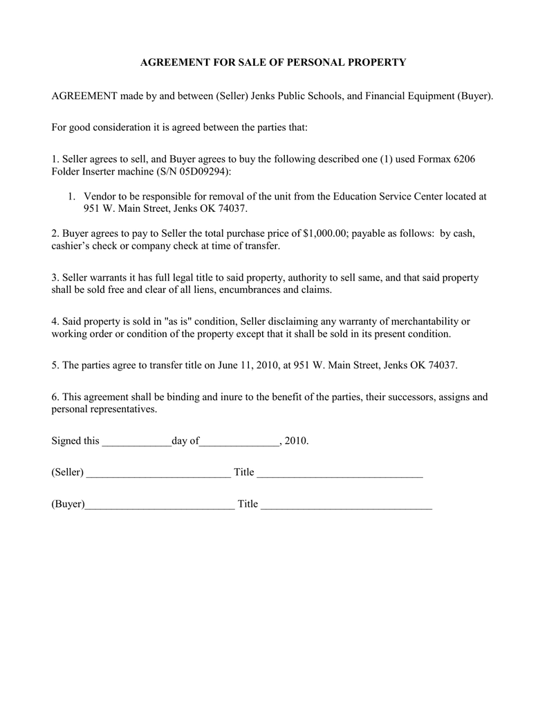 AGREEMENT FOR SALE OF PERSONAL PROPERTY