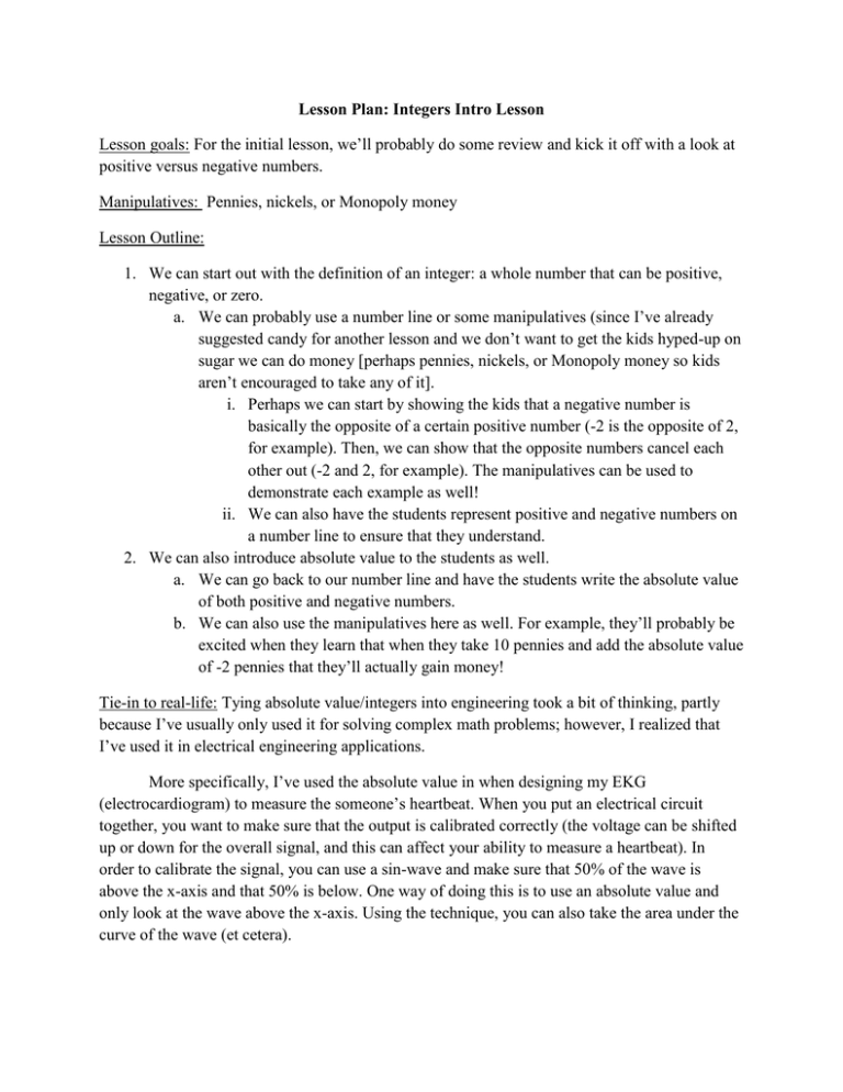 Lesson Plan Integers Intro Lesson Positive Versus Negative Numbers Lesson Plan Integers Intro Lesson Positive Versus Negative Numbers