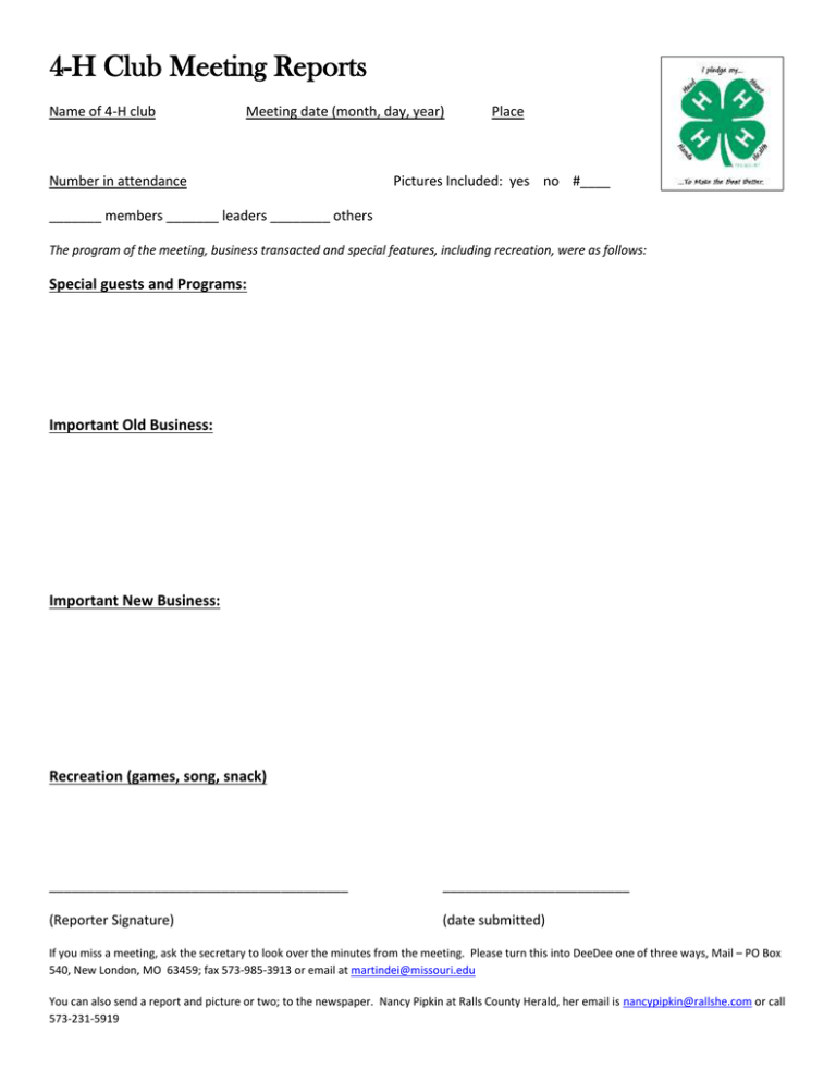 4 H Club Meeting Reports
