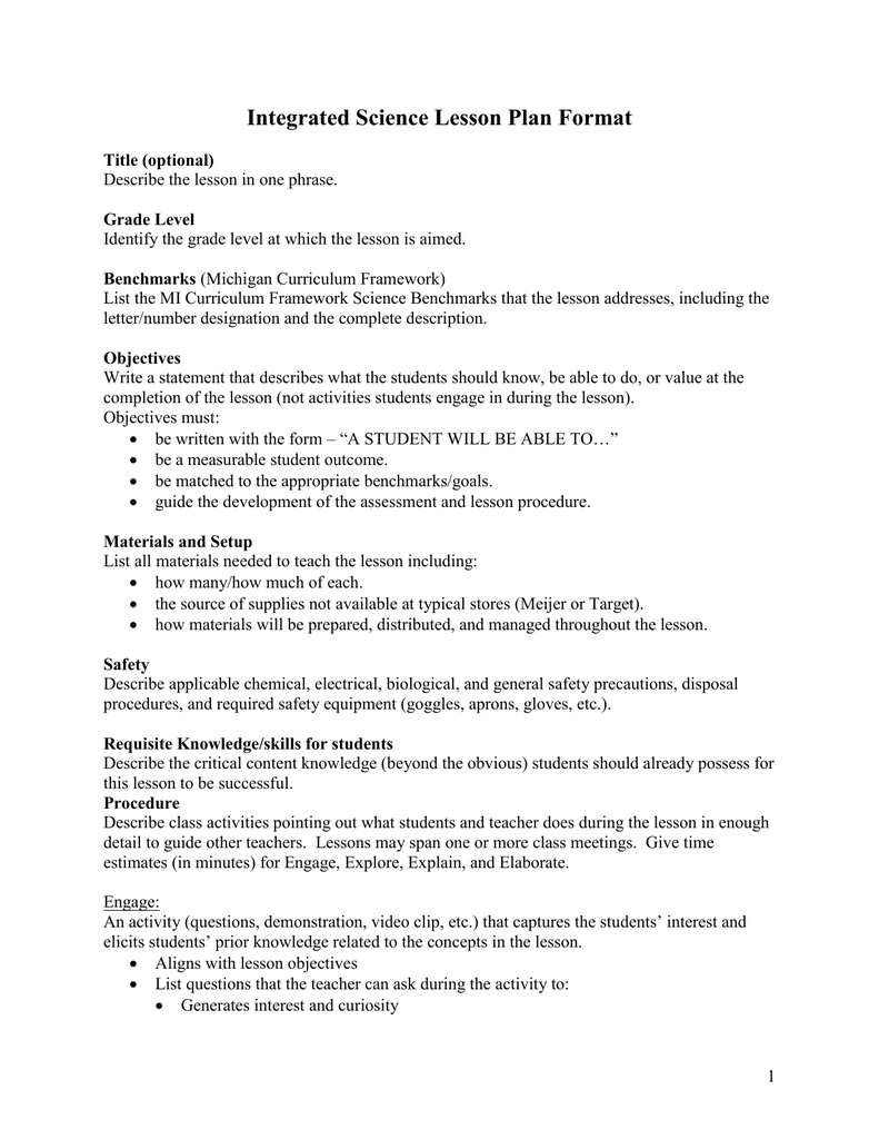 Integrated Science Lesson Plan Format