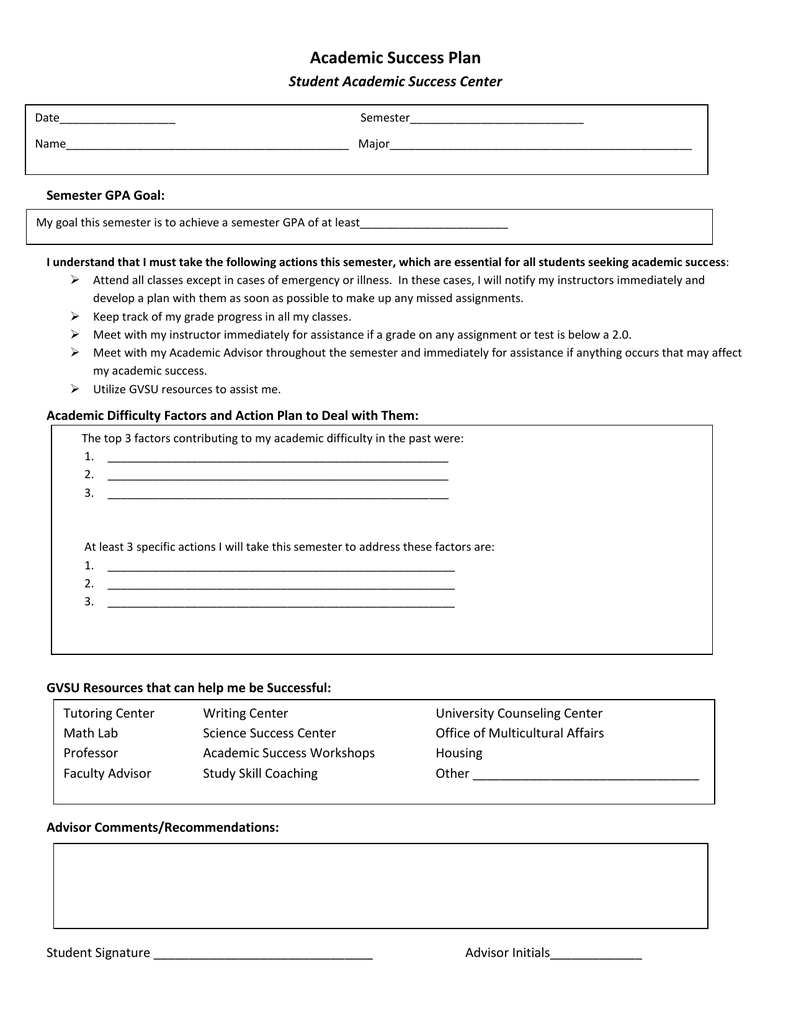 Academic Success Plan Student Academic Success Center
