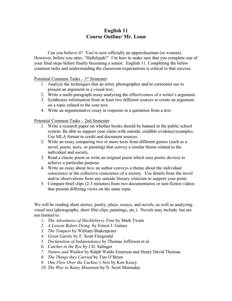 English 11 Course Outline Mr Loun English 11 Course Outline Mr Loun