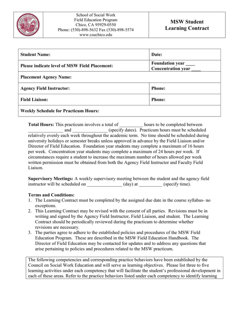MSW Student Learning Contract