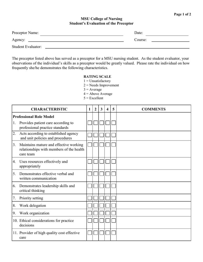 MSU College Of Nursing Student s Evaluation Of The Preceptor Preceptor 