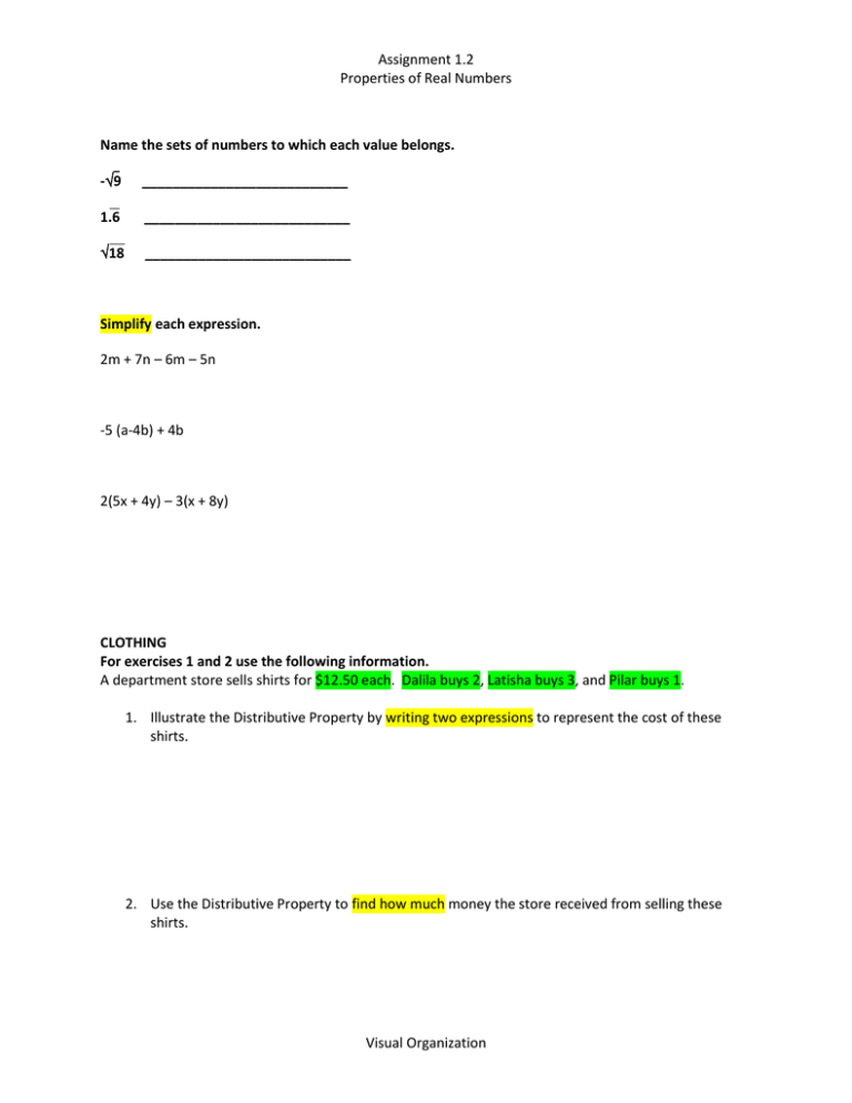 Assignment 1 2 Properties Of Real Numbers