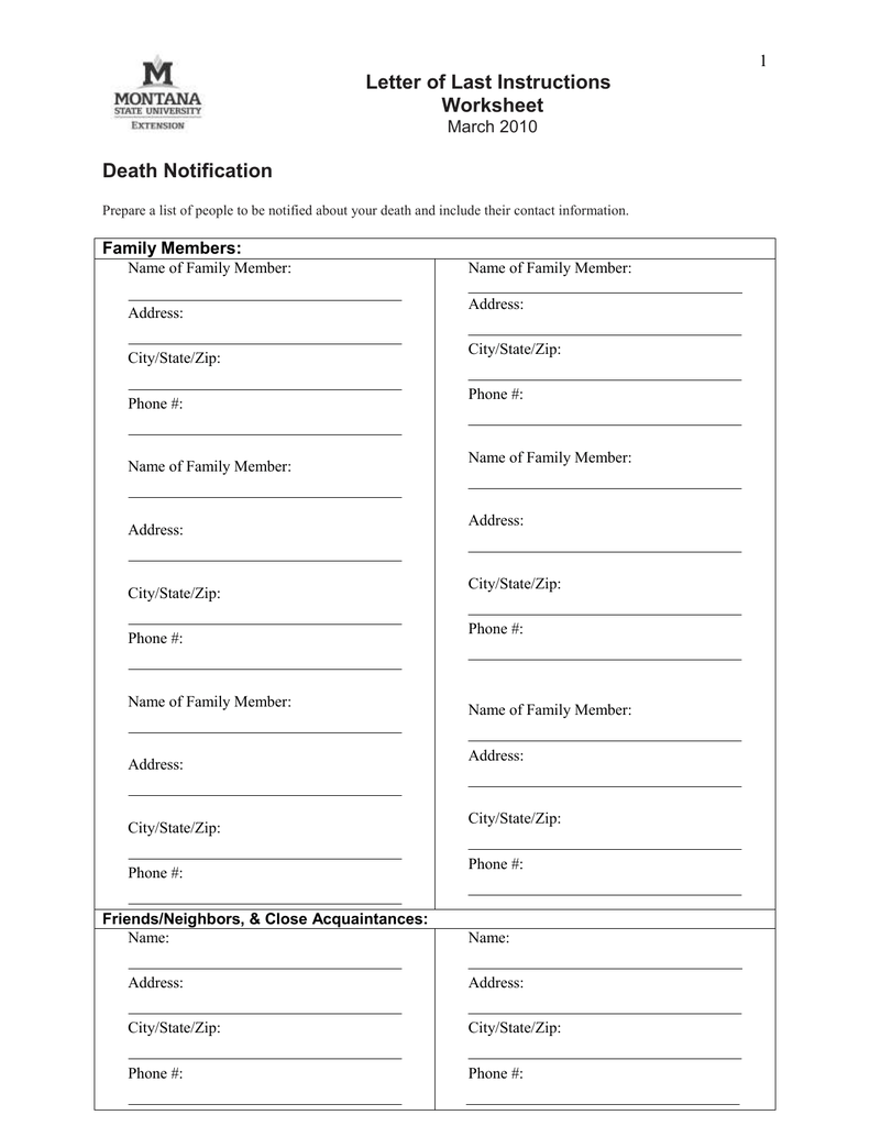 Letter Of Last Instructions Worksheet Death Notification